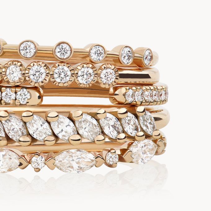 Bague de fiançailles diamants, alliance or sur mesure, naissance